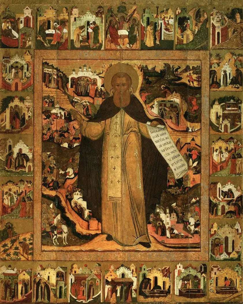 Saint Venerable Abbot Sergius of Radonezh, with Scenes from His Life a – iconsofsaints.com