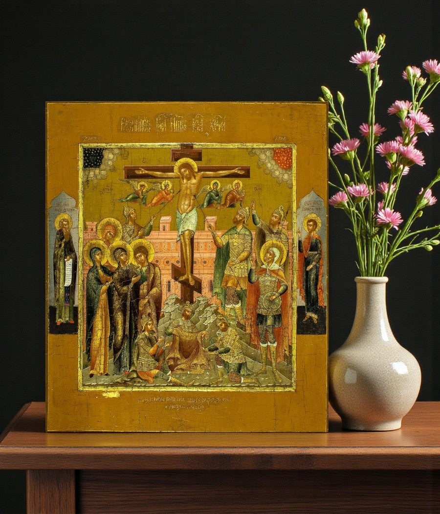 The Crucifixion of Jesus Christ. Wooden orthodox icon – iconsofsaints.com