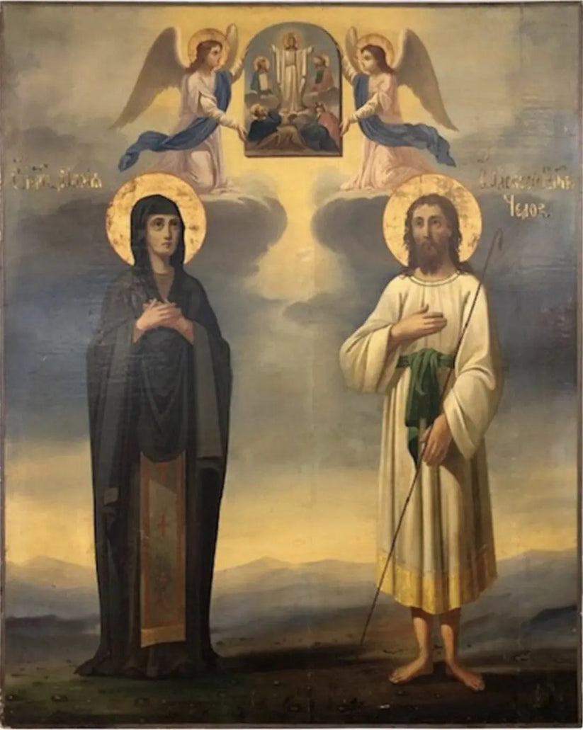 Saint Alexius (Alexey), the Man of God, and Venerable Mary. Wooden ort ...
