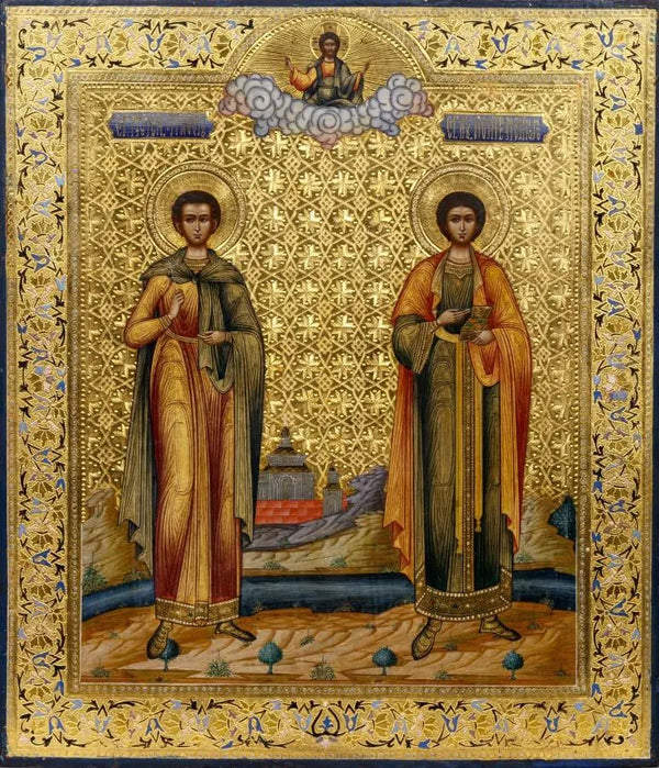 Tryphon Holy Martyr of Apamea and the holy healer Panteleimon. Wooden ...